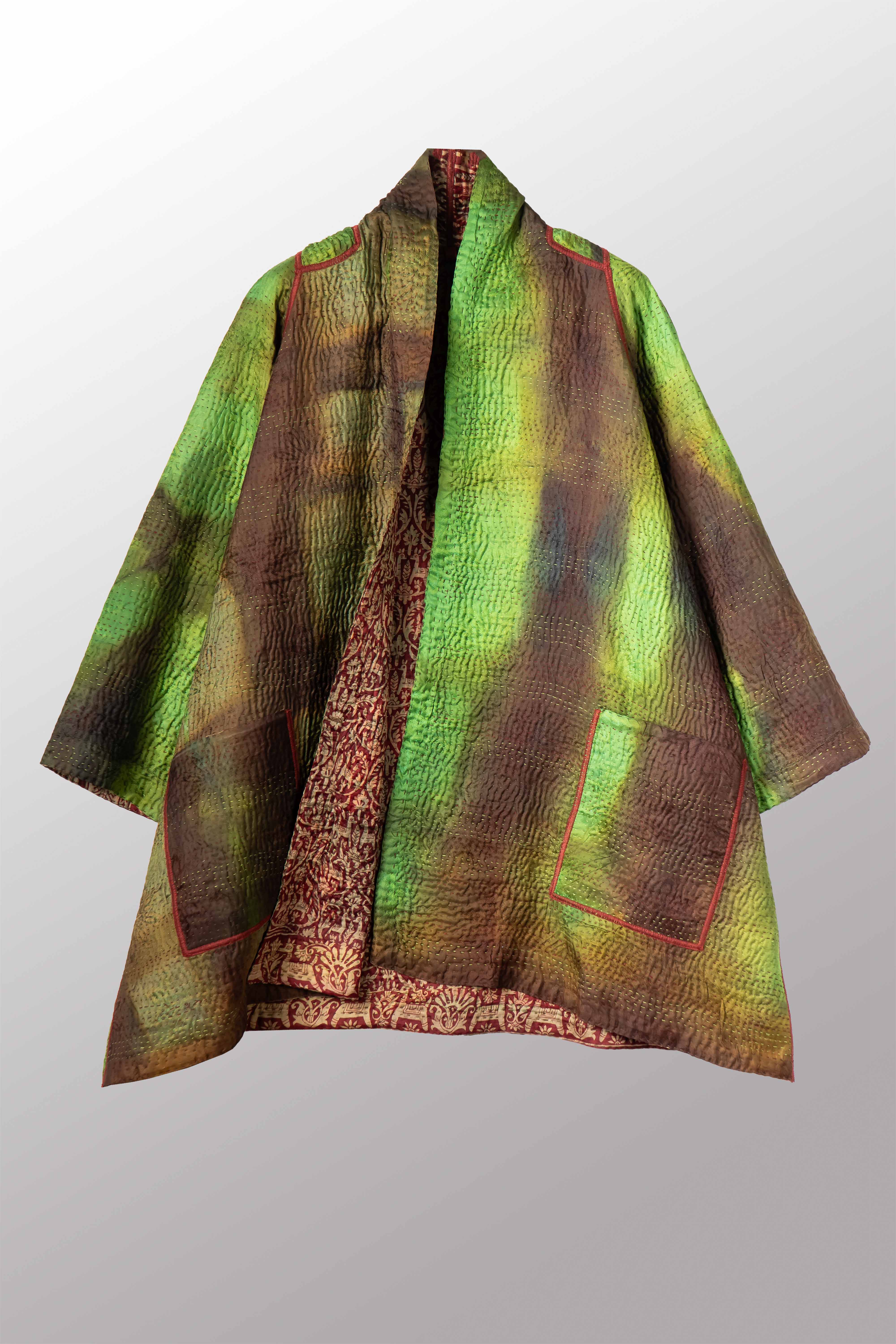 VINTAGE JACQUARD CLAMP DYE WITH PRINTED SILK KANTHA A-LINE JACKET - jk ...