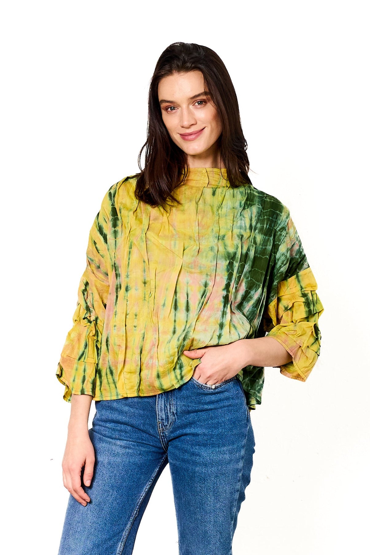MONE SHIBORI TIE DYE WAVY TUCK FUNNEL NECK TOP - ms1582-grn - – Mieko ...