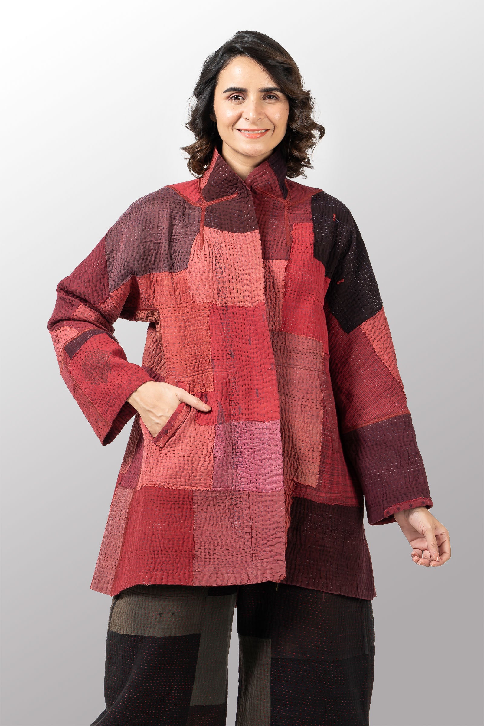 TWO TONE PATCH KANTHA FLARE LONG JACKET - tn4021-org - – Mieko Mintz US ...