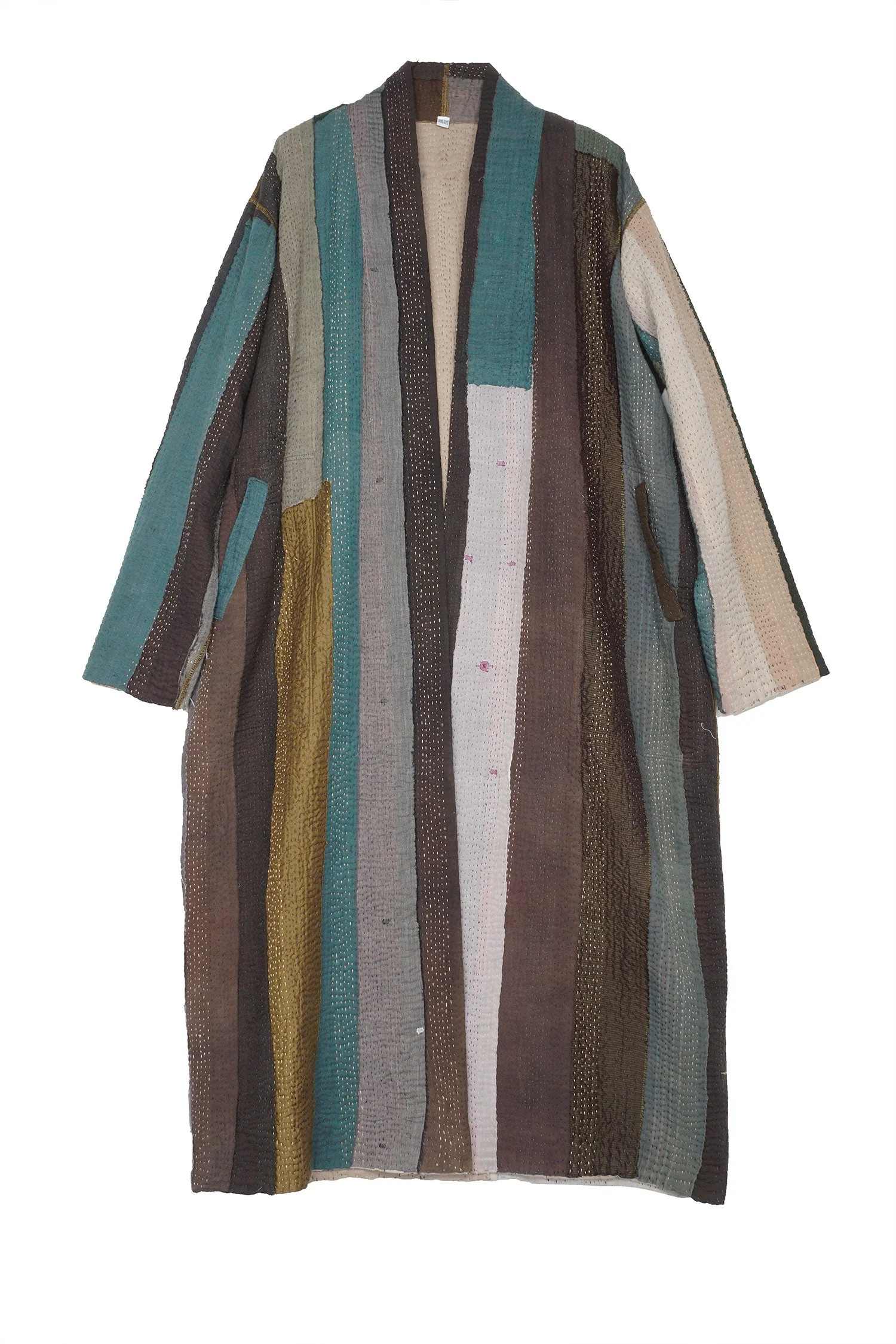 COTTON STRIPE PATCH KANTHA ROBE COAT - cs4329-grn - – Mieko Mintz US Retail