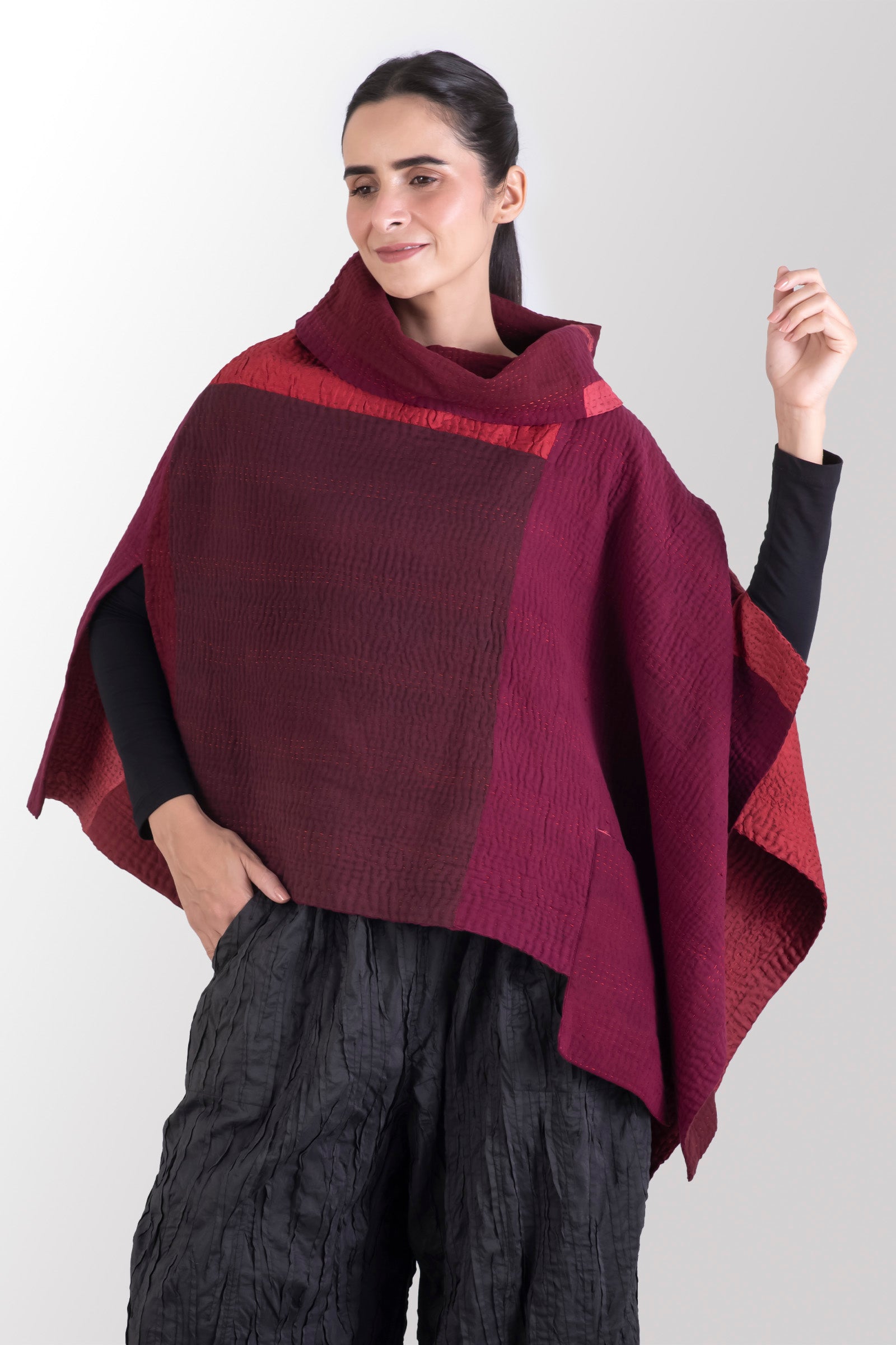 JAIPUR PATCH KANTHA COWL NECK LONG CAPE - jp4842-red - – Mieko Mintz US ...